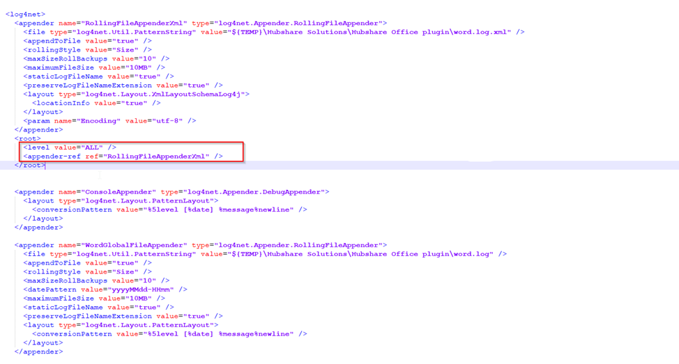 How to change logging level of Hubshare Office plugin
