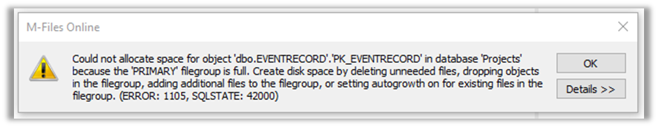 Error Could Not Allocate Space For Object Because The Primary File